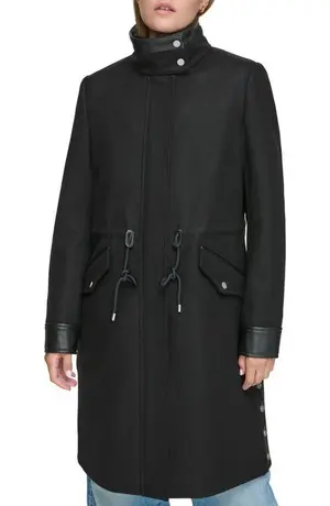 Andrew Marc Wool Blend Coat With Faux Leather Trim