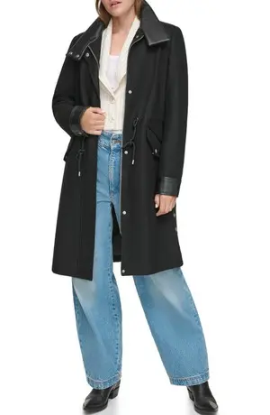 Andrew Marc Wool Blend Coat With Faux Leather Trim