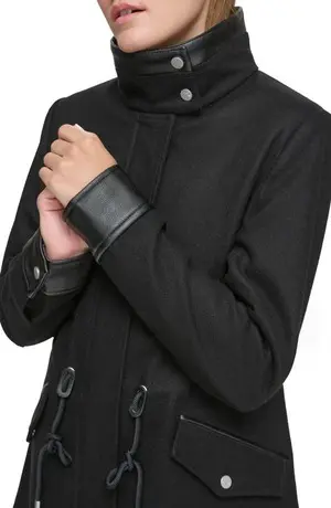 Andrew Marc Wool Blend Coat With Faux Leather Trim