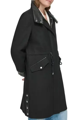 Andrew Marc Wool Blend Coat With Faux Leather Trim