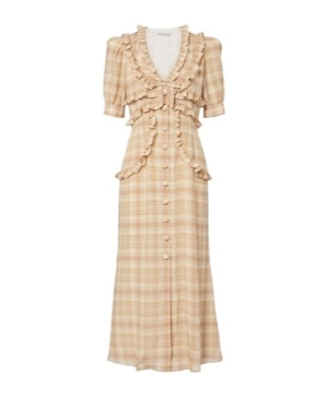 Alessandra Rich Ruffled Plaid Silk Midi Dress - Beige
