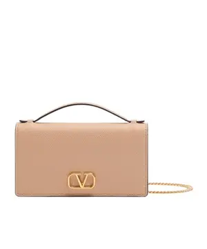 Valentino Garavani Vlogo Signature Grainy Calfskin Wallet With Chain - Pink