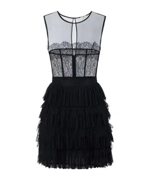 Elisabetta Franchi Mini Dress In Crepon And Floral Lace - Black