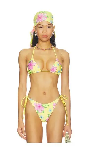 Frankies Bikinis Nick Beaded Satin Bikini Top In Yellow - Hibiscus Lemonade