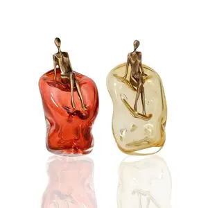 MARLETH Red / Yellow Abstract Glass Sculpture With Bronze Figure - Red/yellow