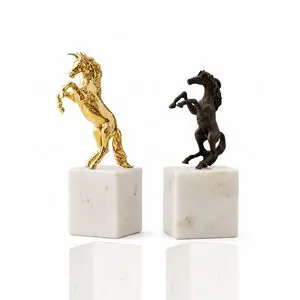 MARLETH Set Of Two Bronze Horse Sculptures On Marble Bases - Gold