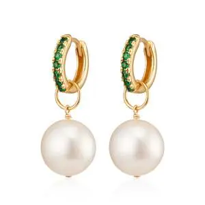 SCREAM PRETTY Emerald Green & Baroque Pearl Charm Hoop Earrings - Gold