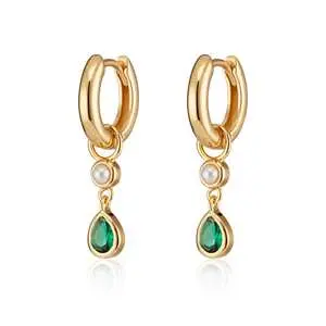 SCREAM PRETTY Emerald Green Teardrop & Pearl Charm Hoop Earrings - Gold