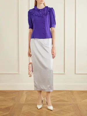 Alessandra Rich Ruffle Collar Puff Sleeve Silk Shirt