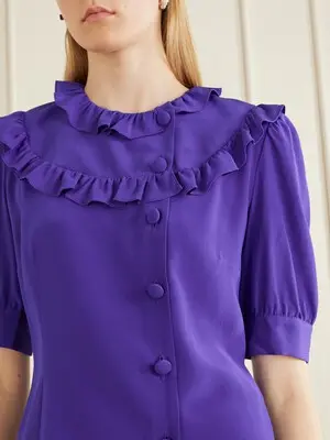 Alessandra Rich Ruffle Collar Puff Sleeve Silk Shirt