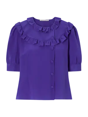 Alessandra Rich Ruffle Collar Puff Sleeve Silk Shirt - Purple