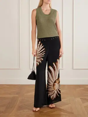 Farm Rio Ammonite Printed Embellished Habotai Wide-leg Pants - Black