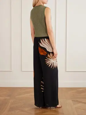 Farm Rio Ammonite Printed Embellished Habotai Wide-leg Pants - Black