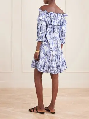 La DoubleJ Breakfast' Tiered Off-the-shoulder Printed Cotton Midi Dress - Blue