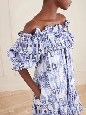 La DoubleJ Breakfast' Tiered Off-the-shoulder Printed Cotton Midi Dress - Blue