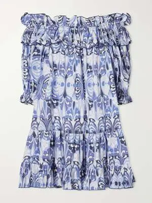 La DoubleJ Breakfast Off-the-shoulder Tiered Printed Cotton Midi Dress Sky Blue