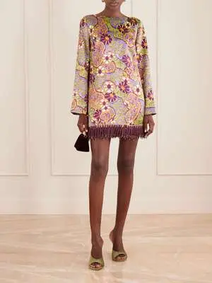 ALEMAIS Floral-print Fringed Satin Mini Dress