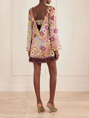 ALEMAIS Floral-print Fringed Satin Mini Dress