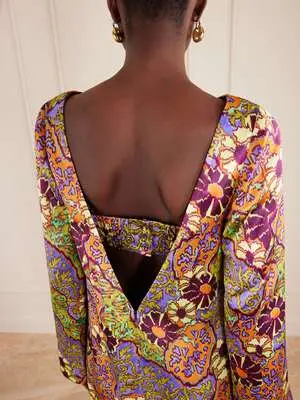 ALEMAIS Floral-print Fringed Satin Mini Dress