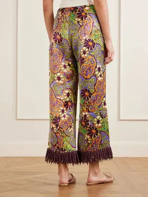 ALEMAIS Joanna Printed Satin Wide-leg Pants With Fringe