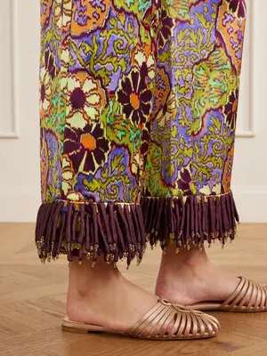 ALEMAIS Joanna Printed Satin Wide-leg Pants With Fringe