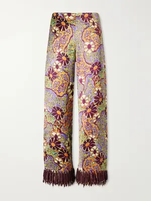 ALEMAIS Joanna Printed Satin Wide-leg Pants With Fringe - Purple
