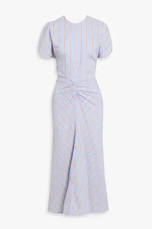 Victoria Beckham Victoria Beckham Gathered Striped Cotton-Poplin Midi Dress - Light Blue