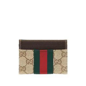 Gucci Gg Fabric Card Holder With Web Ribbon - Beige