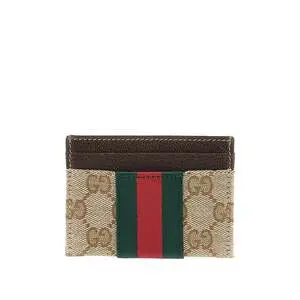 Gucci Gg Fabric Card Holder With Web Ribbon - Beige