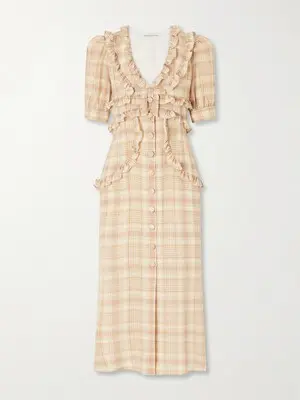 Alessandra Rich Ruffled Checked Silk Midi Dress - Neutrals