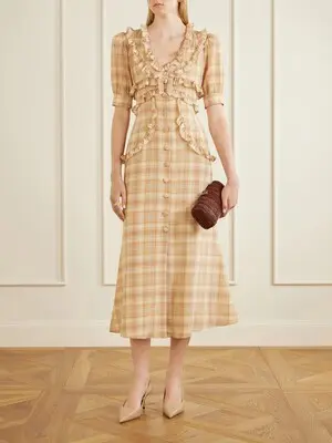 Alessandra Rich Checked Silk Midi Dress With Ruffles