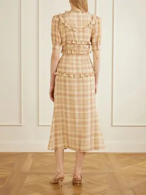 Alessandra Rich Checked Silk Midi Dress With Ruffles