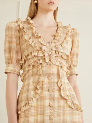 Alessandra Rich Checked Silk Midi Dress With Ruffles