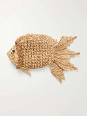 ANYA HINDMARCH Fish Raffia And Leather-trimmed Clutch Sand
