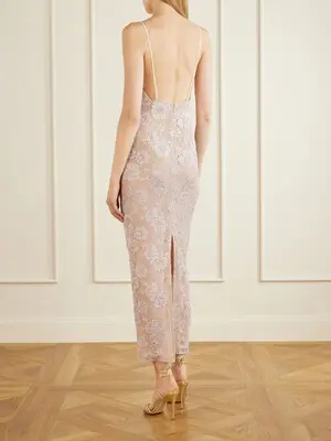 Alessandra Rich Lace And Sequins Embroidered Gown With Bow Detail - Purple