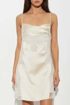 Off-White Satin Mini Dress With Lace Inserts