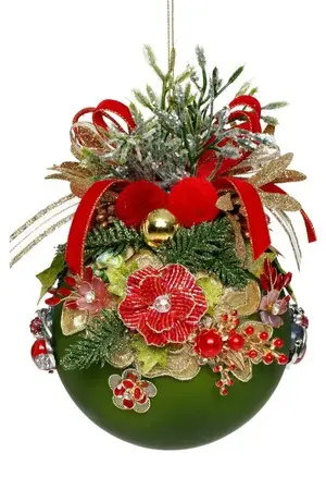 MARK ROBERTS Floral Jeweled Ball Ornament - Olive Green