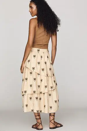Farm Rio Embroidered Linen Blend Midi Skirt