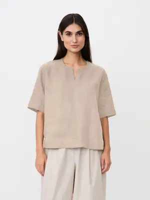 MASAI COPENHAGEN Linen Tunic Top With Short Sleeves And Pocket - Natural