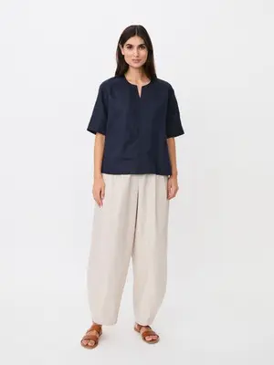 MASAI COPENHAGEN Linen Tunic Top With Short Sleeves And Pocket - Navy