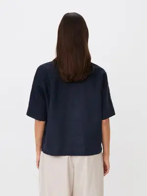MASAI COPENHAGEN Linen Tunic Top With Short Sleeves And Pocket - Navy