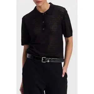 Ronen Chen Knit Polo Top With Open-stitch Texture - Black