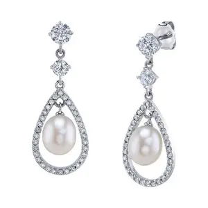 The Pearl Source White Freshwater Pearl Dazzle Earrings - Sterling Silver
