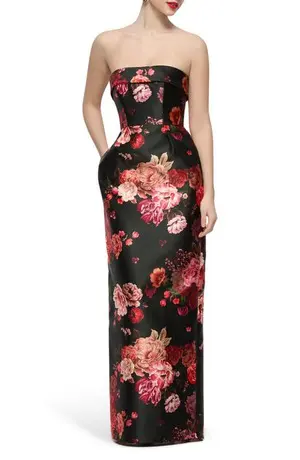 Alfred Sung Floral Strapless Satin Column Gown