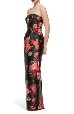 Alfred Sung Floral Strapless Satin Column Gown