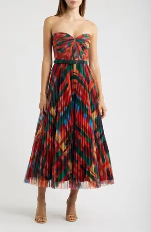 HUTCH Meadow Strapless Pleated Gown - Red Multi