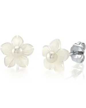 The Pearl Source White Mother Of Pearl Flower Blossom Stud Earrings - Sterling Silver