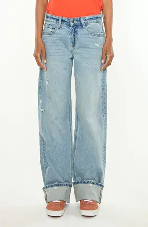 KANCAN Rebel 90's Low Rise Loose Baggy Jeans With Distressed Details And Cuffed Hem - Medium Light