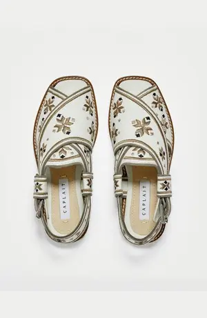 ÇAPLAIT Handcrafted Peshawari Sandals With Geometric Embroidery - White-grey