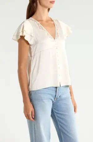 Citizens Of Humanity Lola Flutter Sleeve Lace Satin Top - Cream